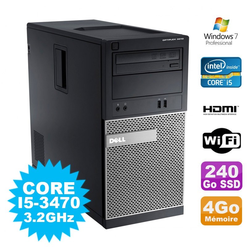 PC Tour DELL Optiplex 3010 MT Intel I5-3470 Graveur 4Go 240Go SSD HDMI Wifi W7 - MonsieurCyberMan